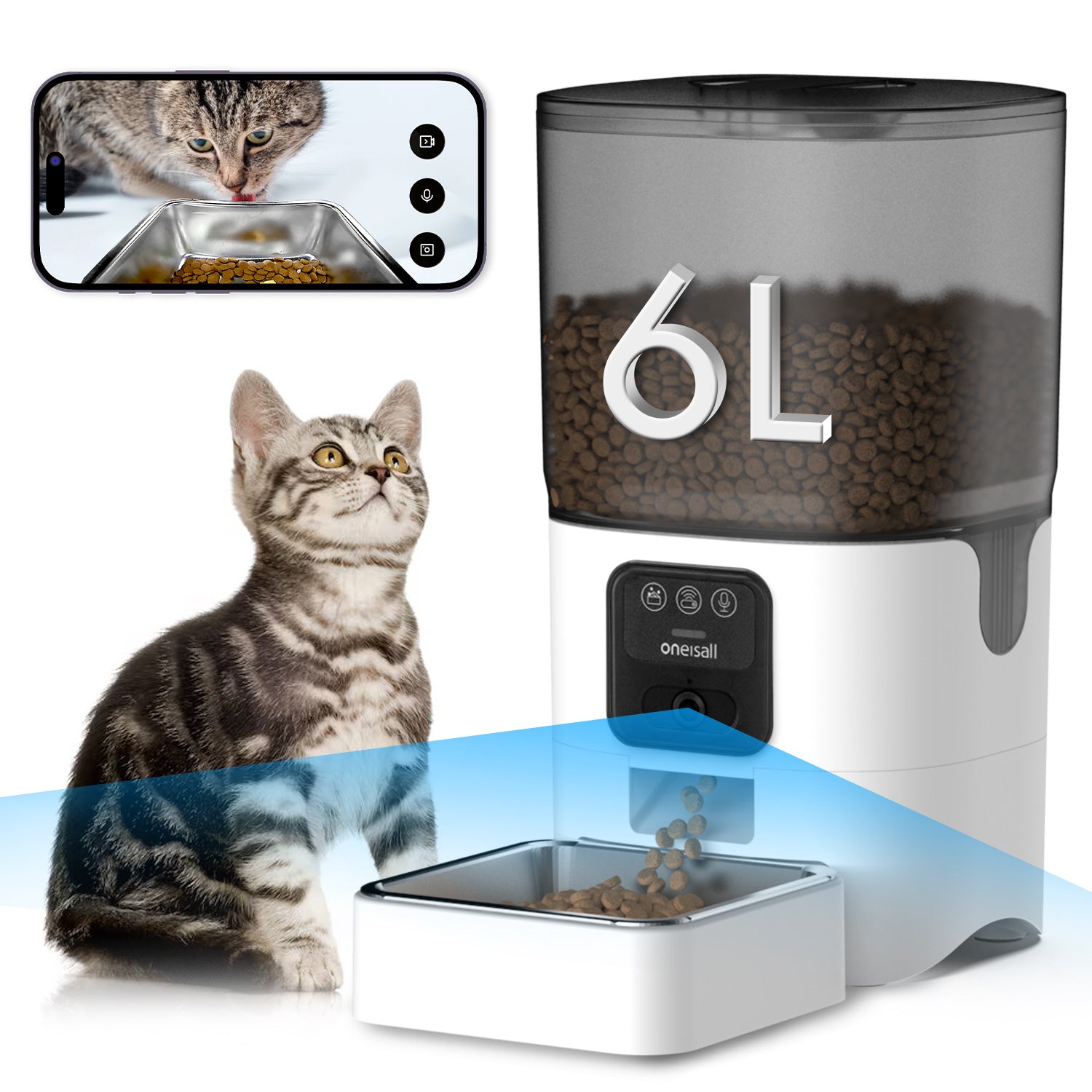 Oneisall WF-63 5GHz & 2.4GHz Automatic Cat Food Dispenser, 6L/12 Cups ...